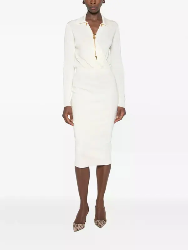 Elisabetta Franchi Ribbed Midi Dress With Gold-tone Padlock Charm - Neutrals