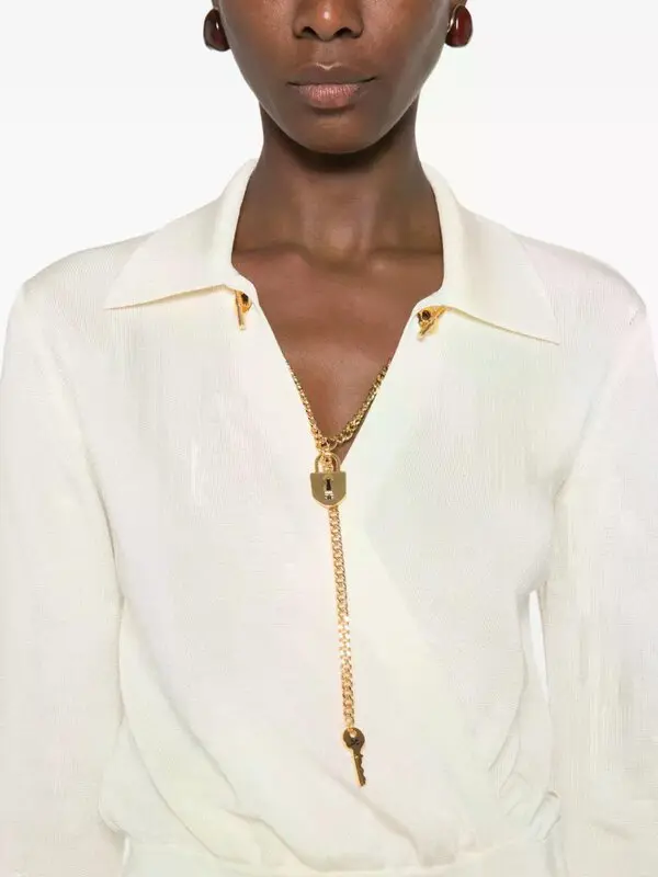 Elisabetta Franchi Ribbed Midi Dress With Gold-tone Padlock Charm - Neutrals