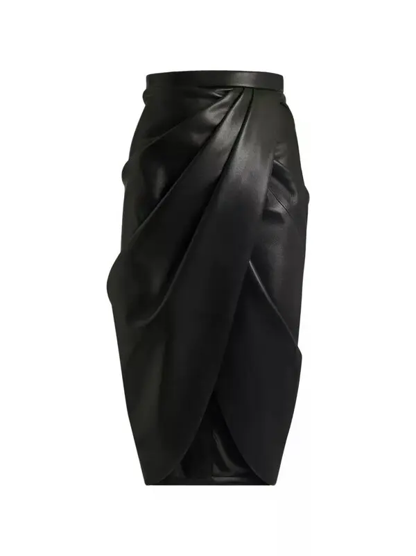 Balmain Draped Lambskin Midi Skirt - Black