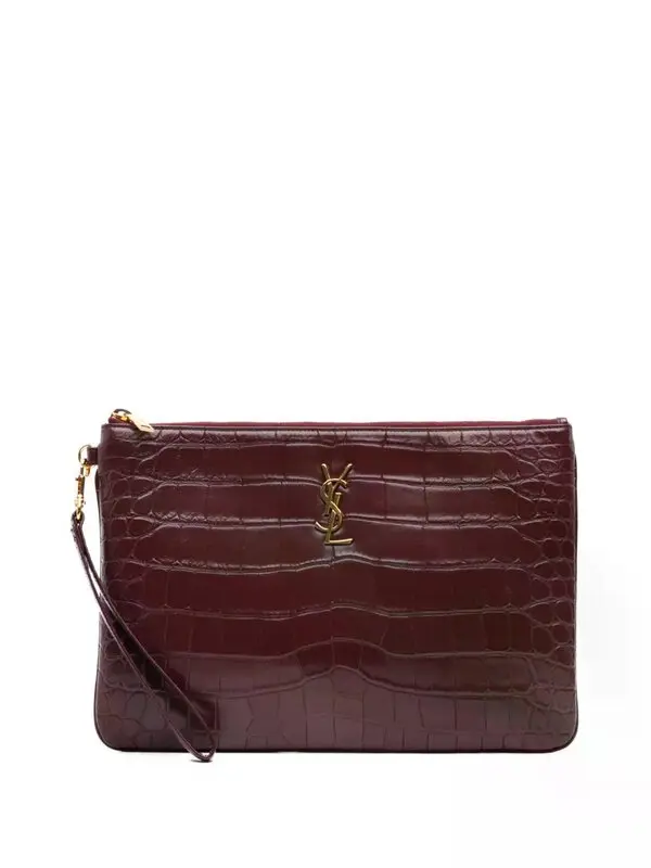 Saint Laurent 2022 Croc Embossed Calfskin Monogram Tablet Pouch Clutch Bag - Red