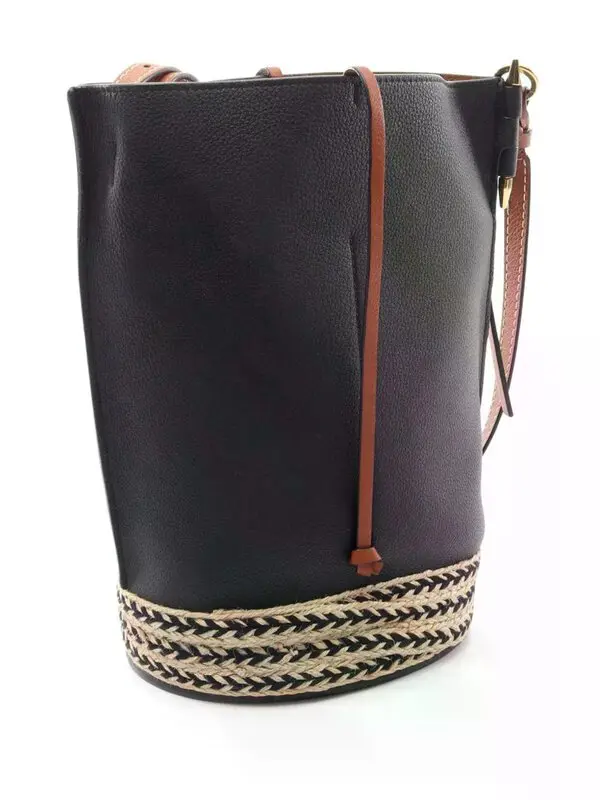 Loewe 2010-2026 Raffia Trimmed Leather Anagram Gate Bucket Bag - Black
