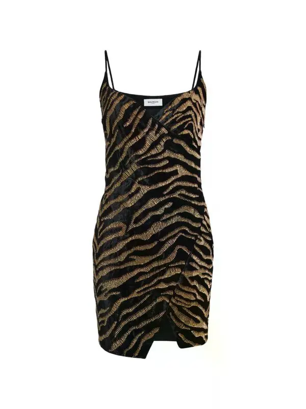 Balmain Velvet Dress With Tiger Embroidery - Black