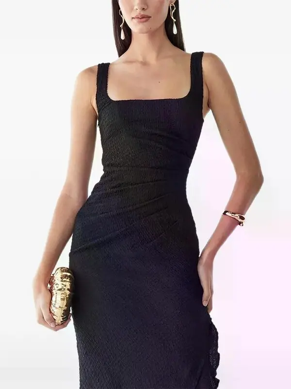 BWLDR Stevie Ruched Ruffled Asymmetric Dress - Black