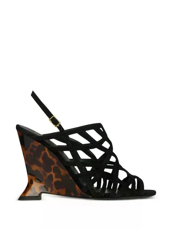 Balmain Wedge Cage Sandals In Suede - Black