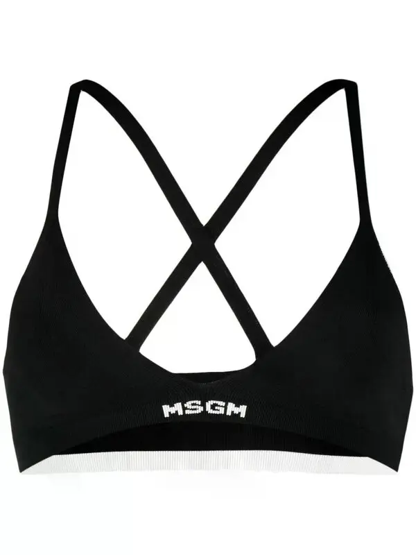 MSGM Ribbed Knit Logo-hem Bra - Black