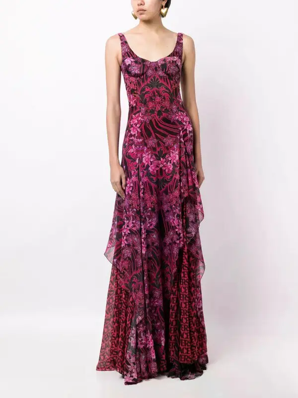 Versace Orchid Barocco-print Ruffled Silk Dress - Black
