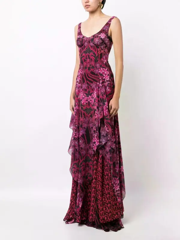Versace Orchid Barocco-print Ruffled Silk Dress