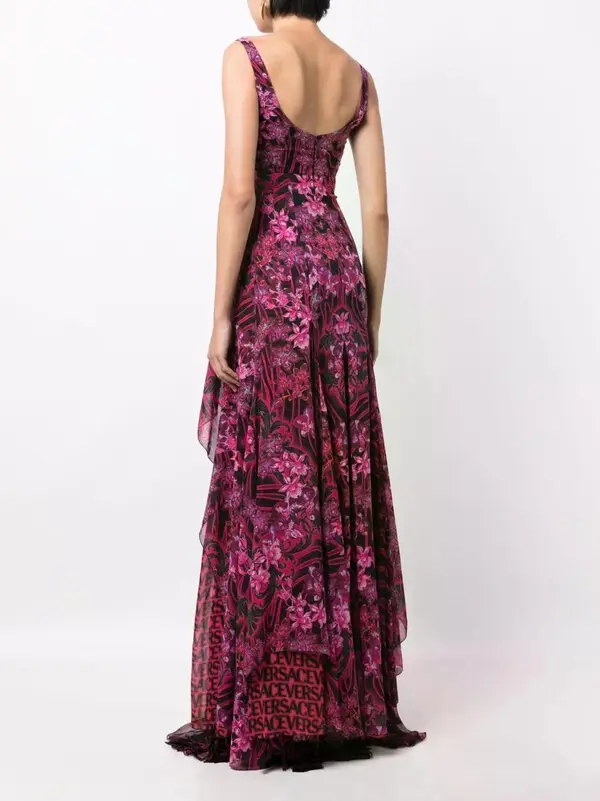 Versace Orchid Barocco-print Ruffled Silk Dress