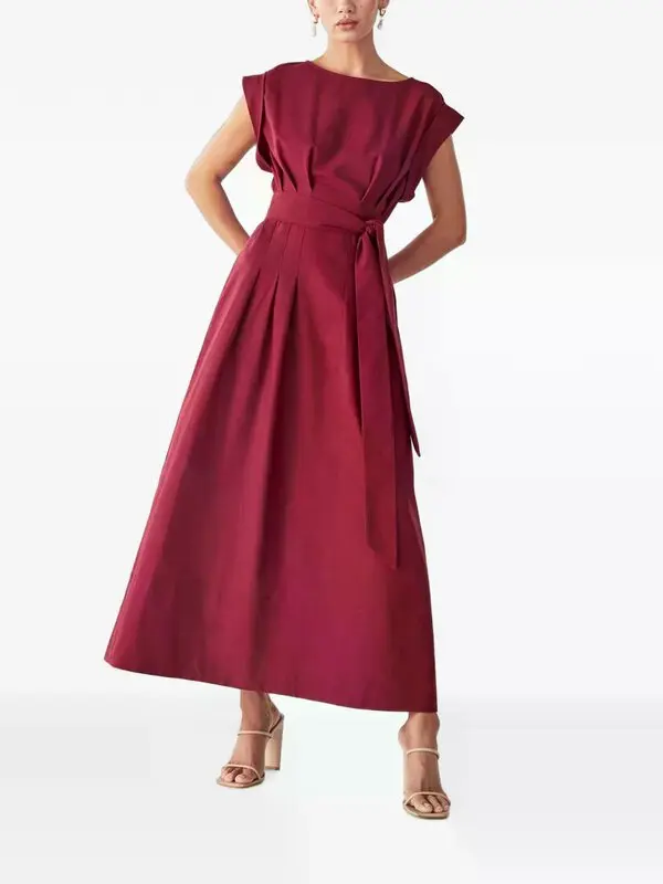 WILLA Lecia Belted Pleated Midi Dress - Red