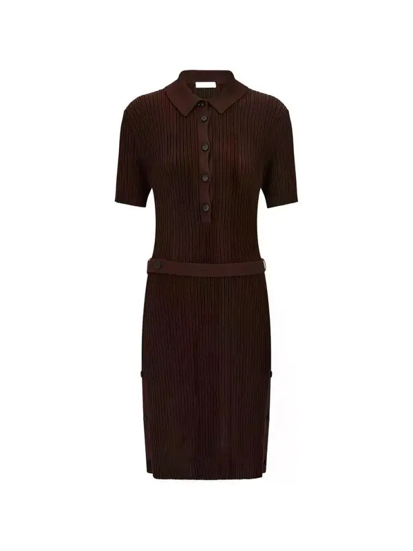 FERRAGAMO Knitted Ribbed Polo Dress With Belt - Brown