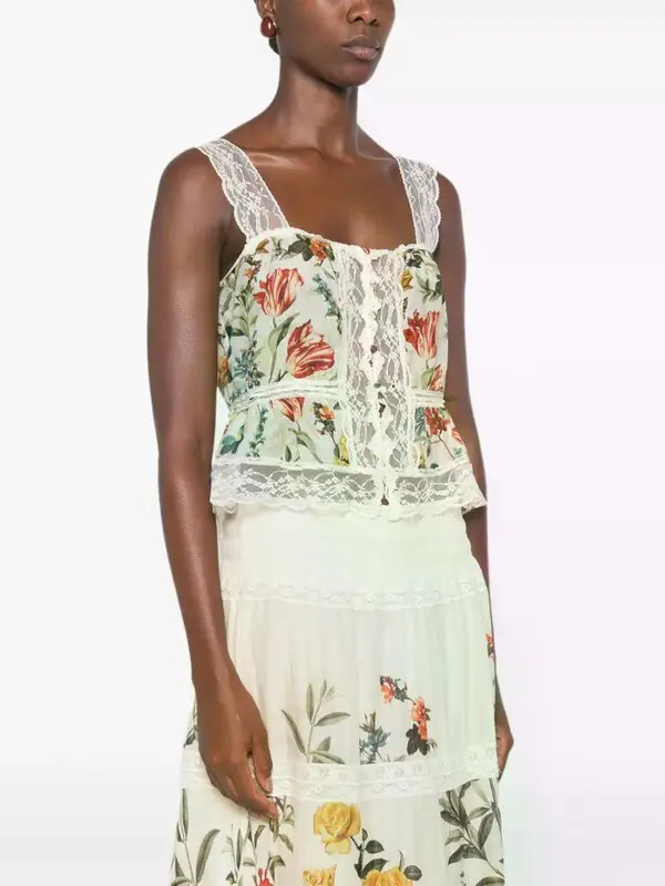 Alice + Olivia Floral-print Lace-trim Top - White