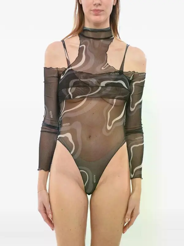 JULFER Sheer Cold-shoulder Bodysuit - Grey