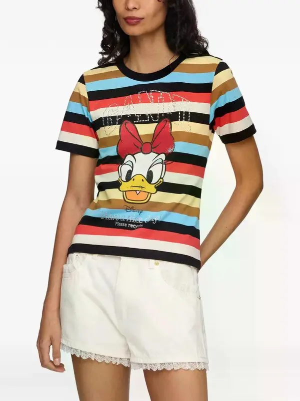 GANNI Striped Graphic T-shirt With Rhinestone Embellishment - Black