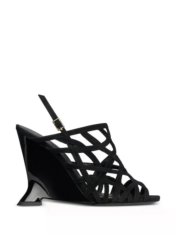 Balmain Wedge Cage Sandals In Suede - Black