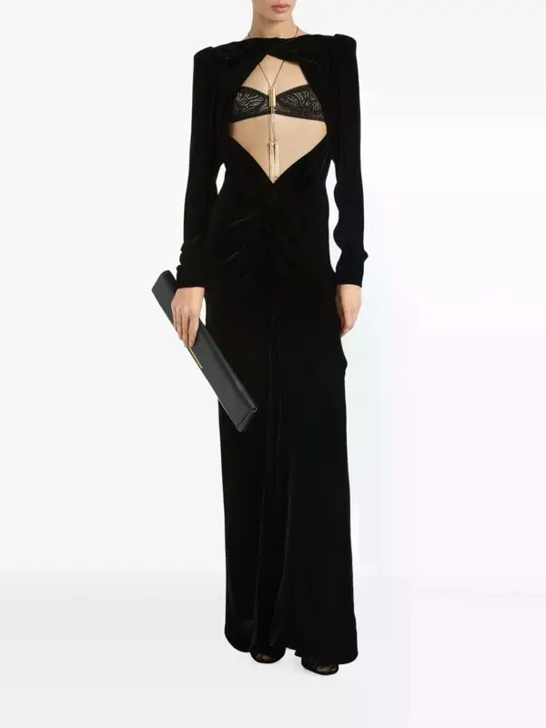 Balmain Long Velvet And Lace Dress - Black
