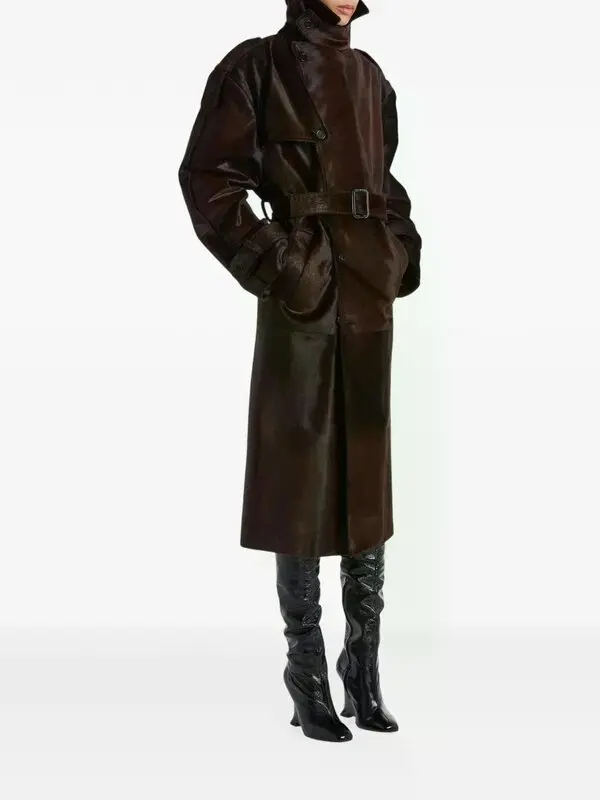 Balmain Belted Pony-effect Leather Coat