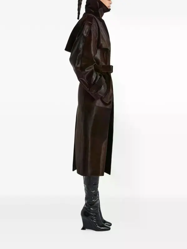 Balmain Belted Pony-effect Leather Coat