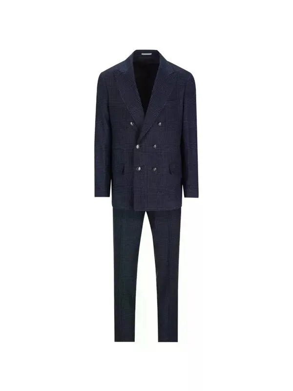 Brunello Cucinelli Check Double-breasted Suit - Blue