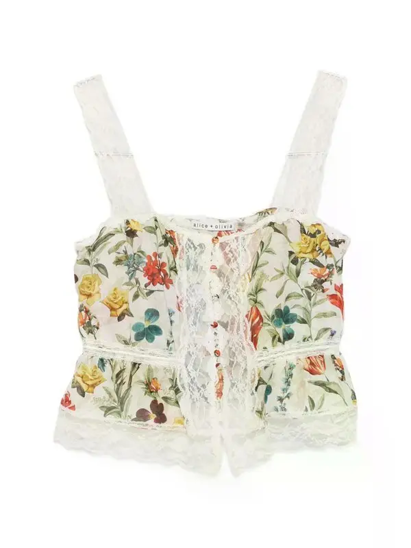 Alice + Olivia Floral-print Lace-trim Blouse - Neutrals