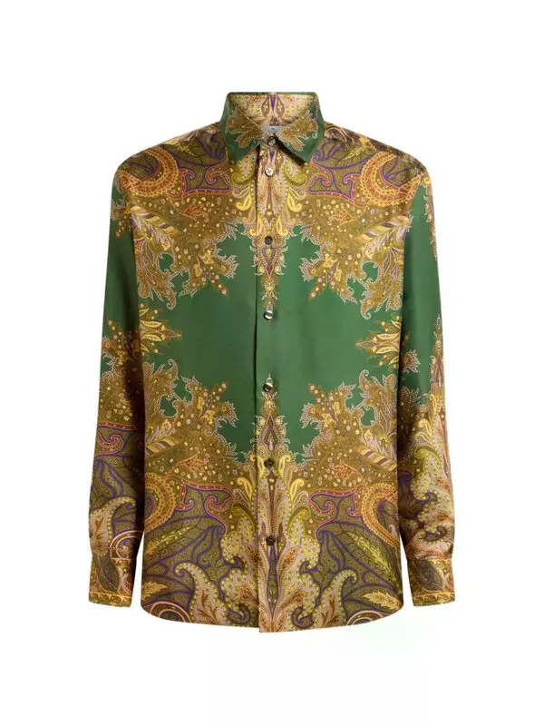 Etro Silk Twill Shirt With Placed Paisley Pochette Print - Green