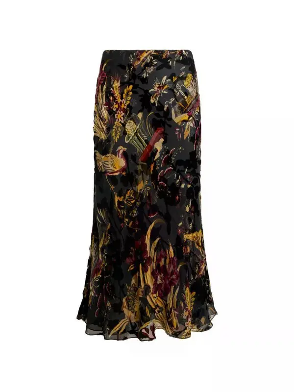 Etro Silk-blend Burnout Velvet Midi Skirt With Flower And Animal Motif - Black