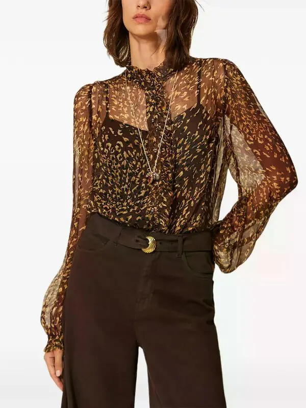 TWINSET Animal Print Ruffled High Neck Shirt - Brown