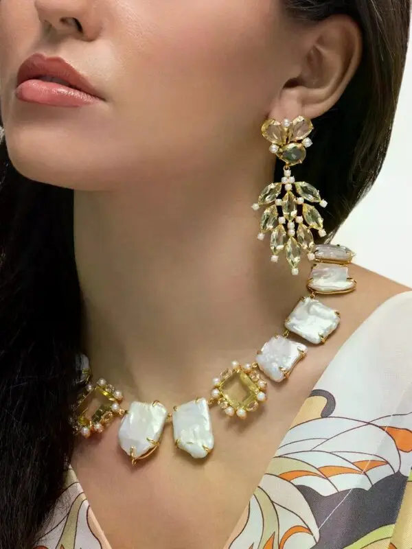 BOUNKIT JEWELRY Adeline Leaf-shaped Earrings With Pearls And Quartz
