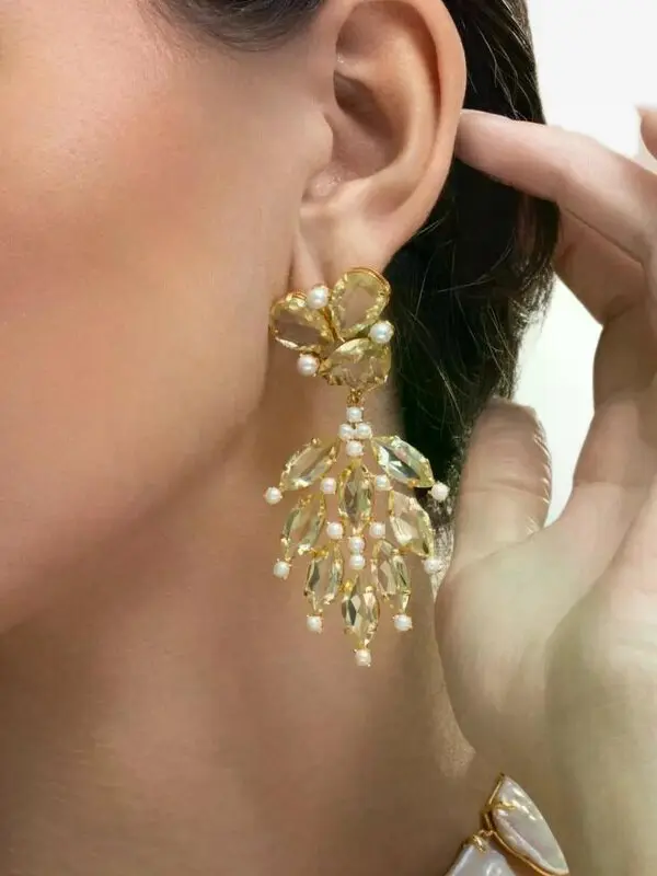BOUNKIT JEWELRY Adeline Leaf-shaped Earrings With Pearls And Quartz
