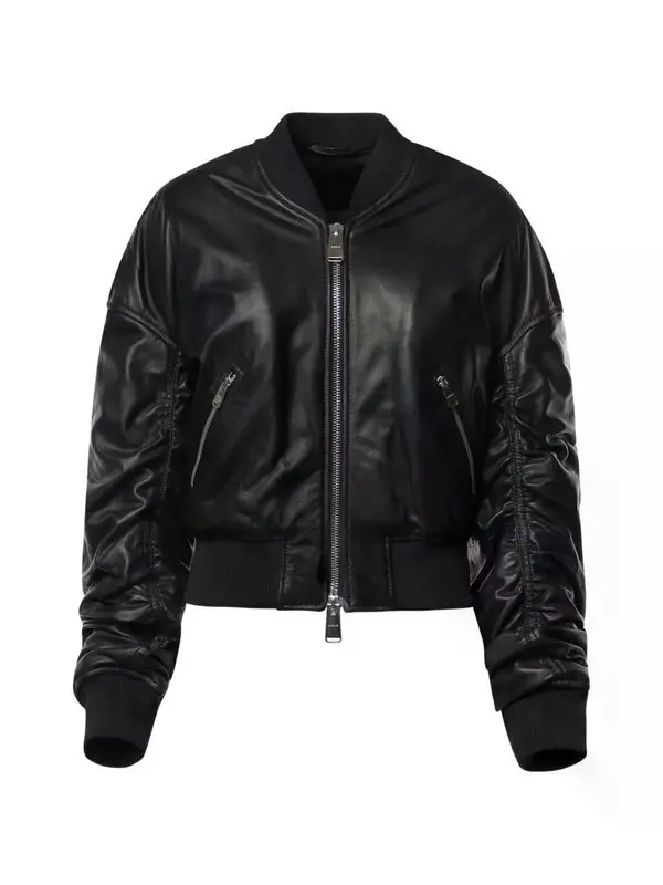 DONDUP Ruched Leather Bomber Jacket - Black