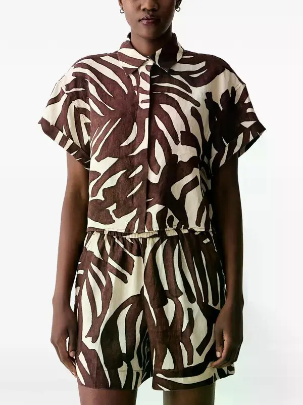 BENETTON Leaf-print Short-sleeve Shirt - Brown