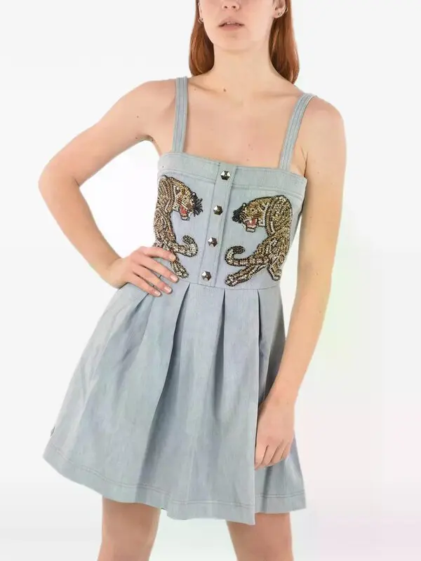 Philipp Plein Embellished Pleated Denim Mini Dress