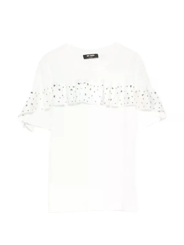 MY TWIN Ruffle-trimmed Studded T-shirt - White