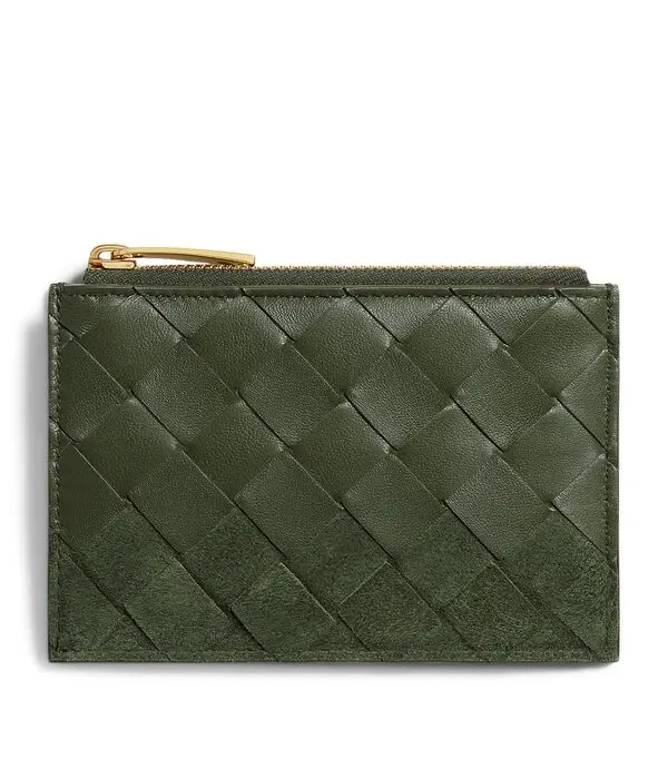 Bottega Veneta Leather Intrecciato Zipped Card Holder - Green