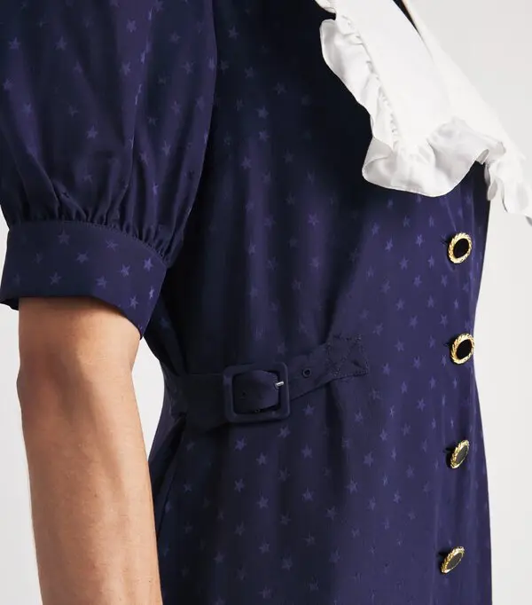 Alessandra Rich Silk Jacquard Mini Dress With Ruffled Collar - Navy