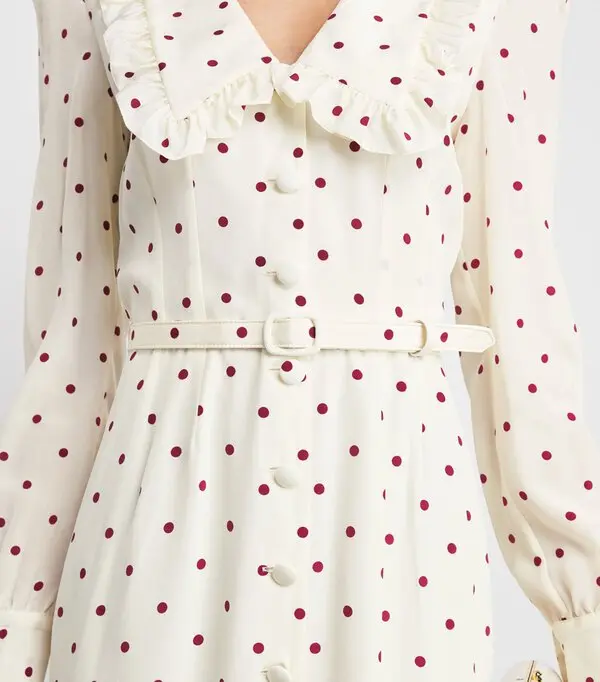 Alessandra Rich Polka Dot Silk Midi Dress With Ruffled Collar