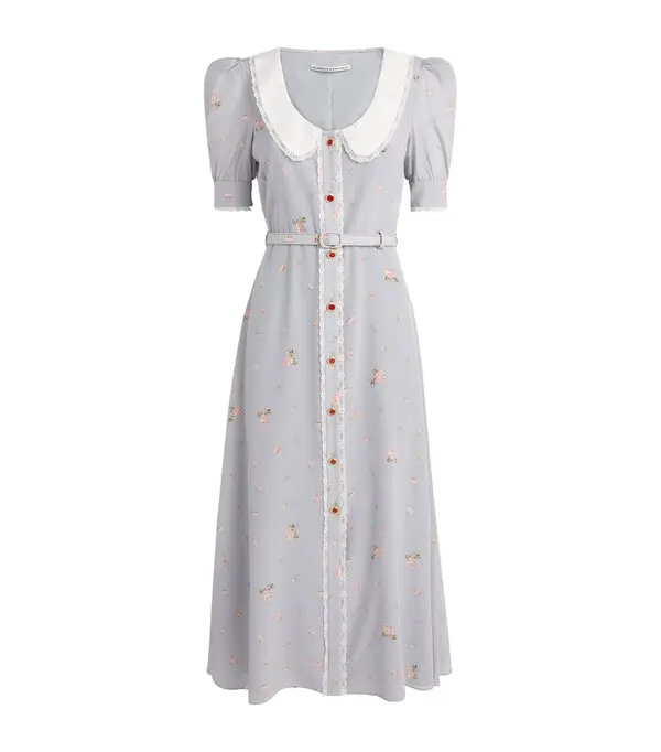 Alessandra Rich Floral Print Belted Midi Dress - Grey