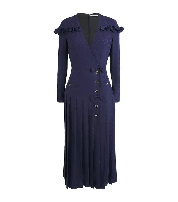 Alessandra Rich Silk Pleated Midi Dress - Navy