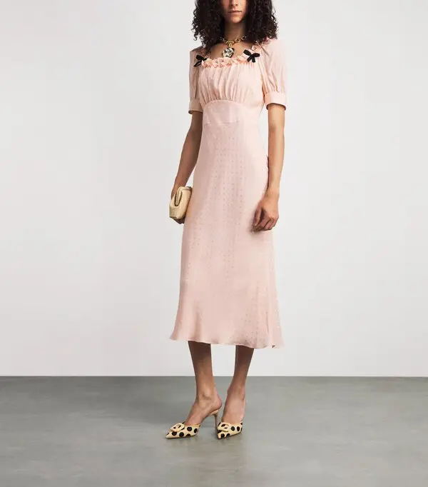Alessandra Rich Silk Gathered Midi Dress With Star Jacquard And Bow Detail