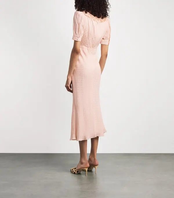 Alessandra Rich Silk Gathered Midi Dress With Star Jacquard And Bow Detail