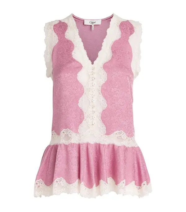 Chloé Silk Jacquard Peplum Top - Pink