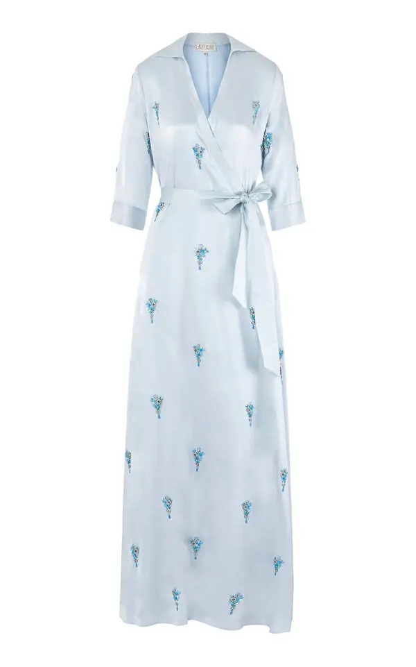 LA FUORI Elara's Icy Jewels Embellished Silk Satin Maxi Wrap Dress - Blue