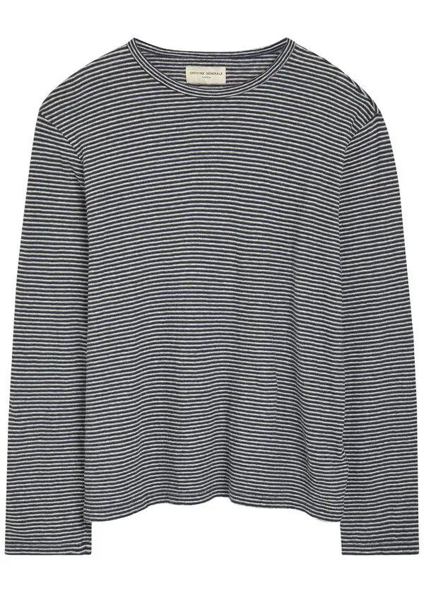 Officine Générale Striped Cotton And Linen-blend T-shirt - Navy
