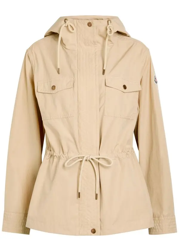 Moncler Serin Hooded Drawstring Waxed Poplin Parka Jacket - Beige