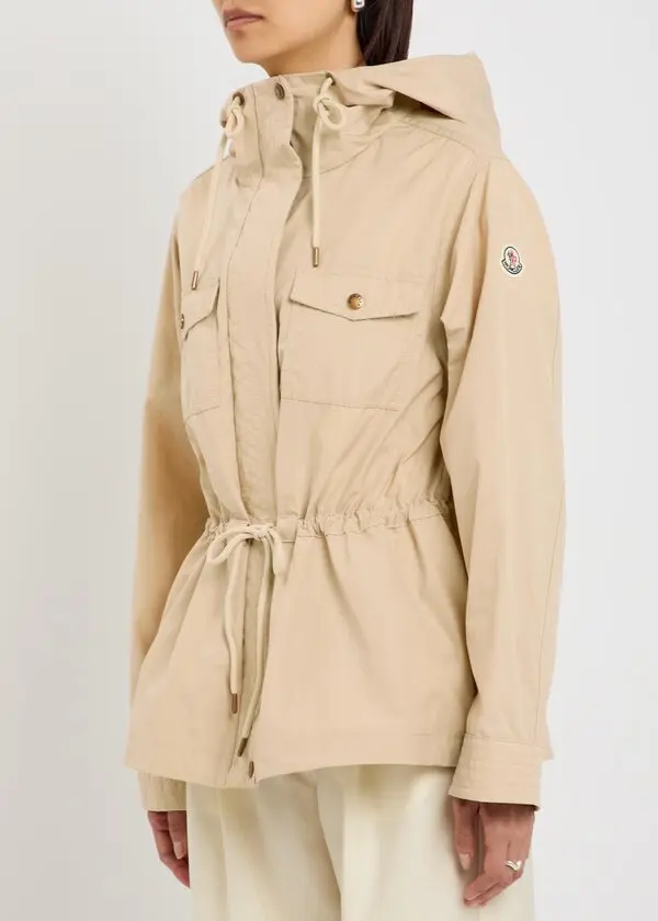 Moncler Serin Hooded Drawstring Waxed Poplin Parka Jacket - Beige