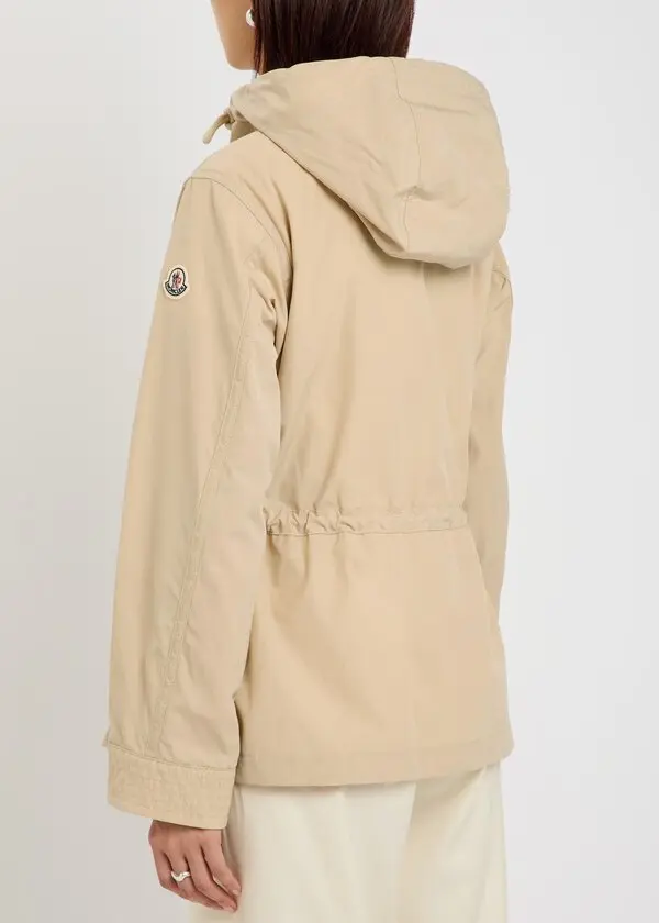 Moncler Serin Hooded Drawstring Waxed Poplin Parka Jacket - Beige