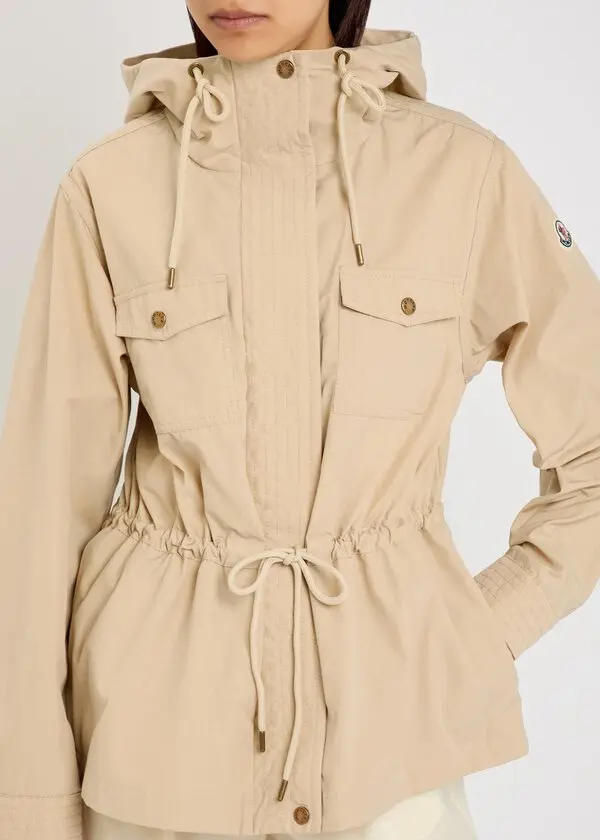 Moncler Serin Hooded Drawstring Waxed Poplin Parka Jacket - Beige