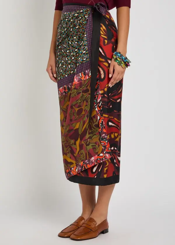 Dries Van Noten Scarfy Printed Silk Midi Wrap Skirt