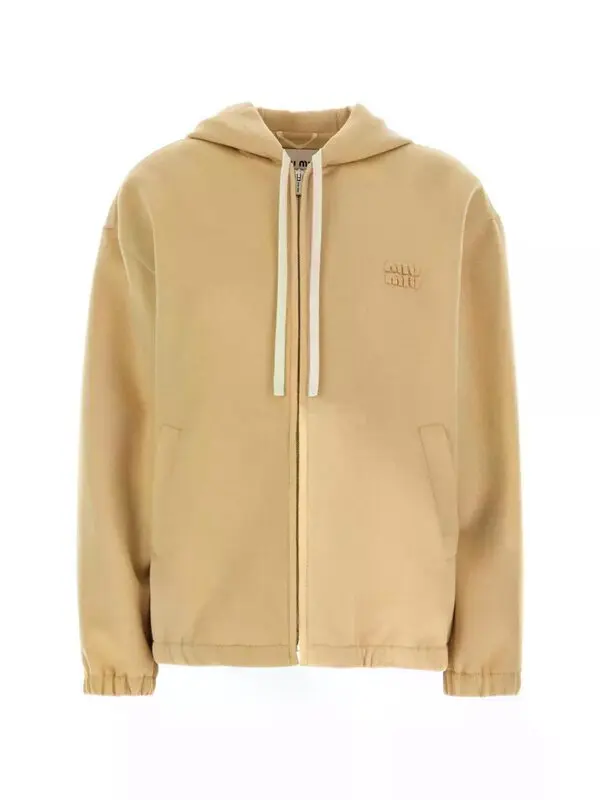 Miu Miu Logo-embroidered Zip-up Hoodie - Neutrals