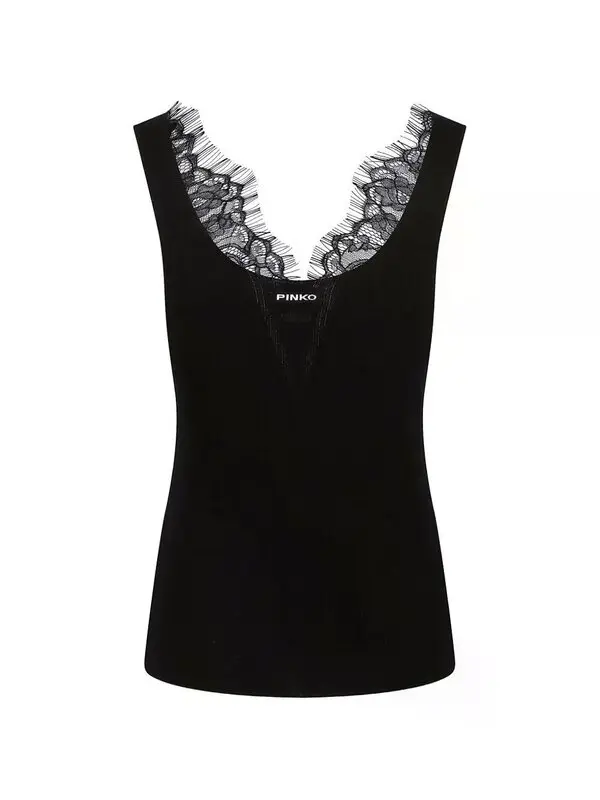 Pinko Lace-trim V-neck Ribbed Top - Black