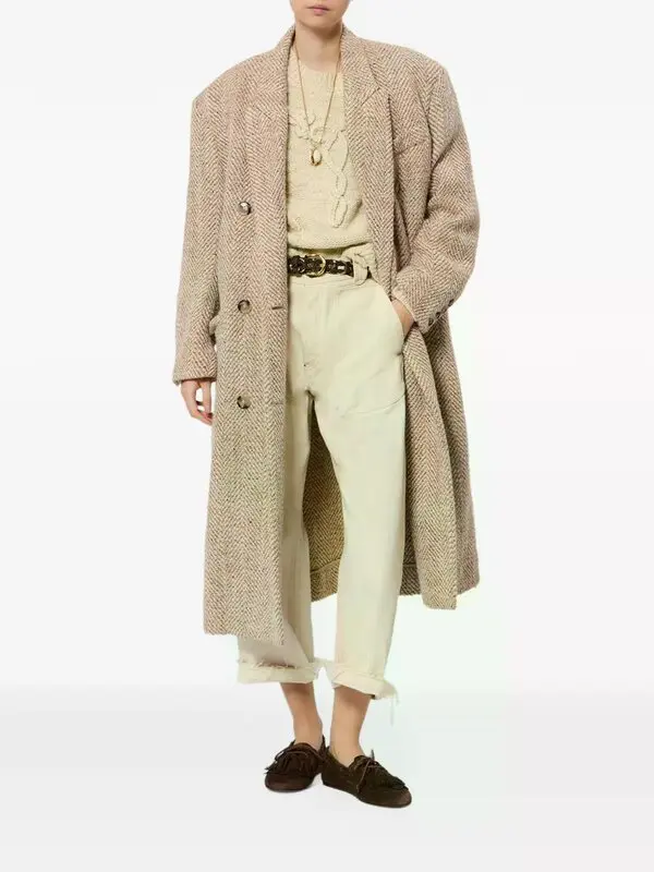 MARANT ETOILE Beige Herringbone Peak Lapel Double-breasted Coat - Neutrals